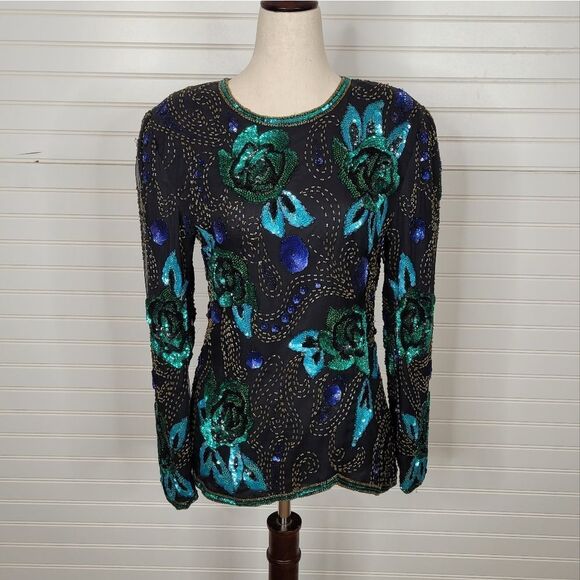 Scala | Tops | Scalavintage Black Blue Green Sequin Beaded Evening Silk ...